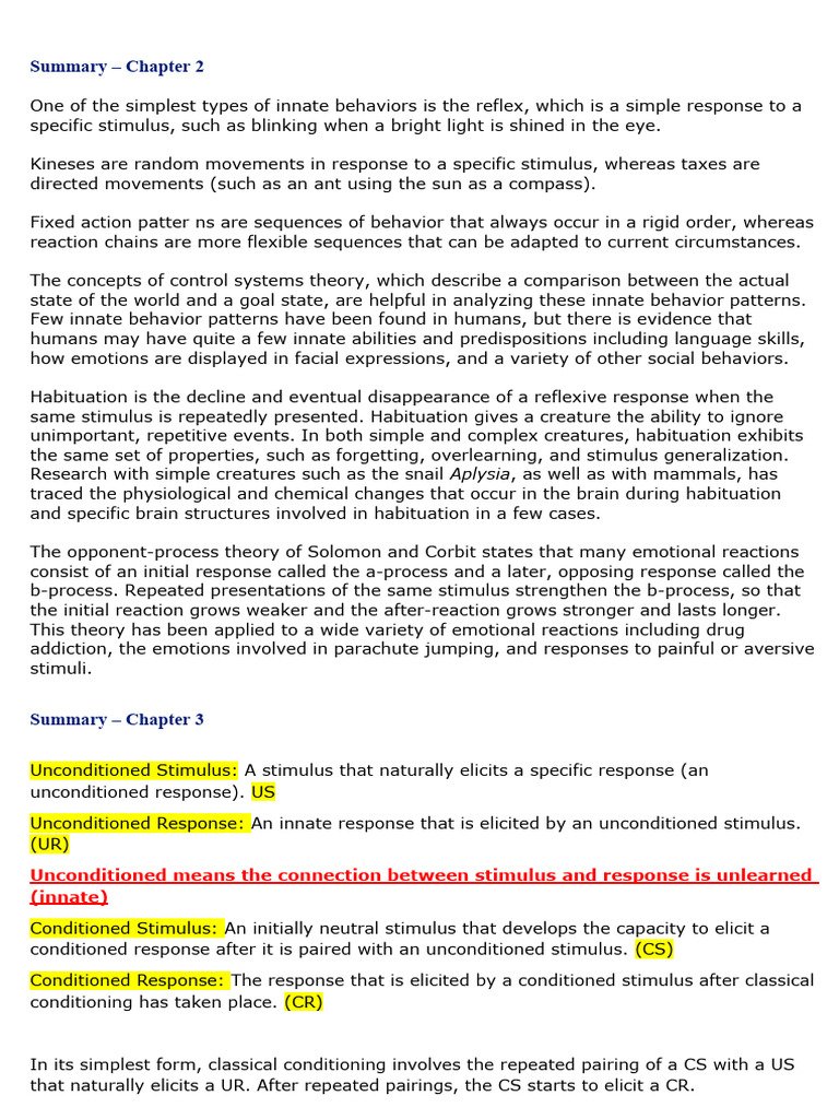 Chapter Summaries | PDF | Classical Conditioning | Learning