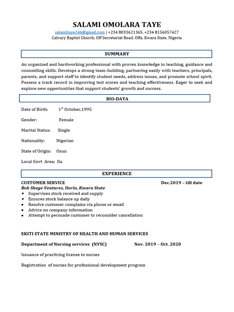 Salami Lara CV | Download Free PDF | Nursing