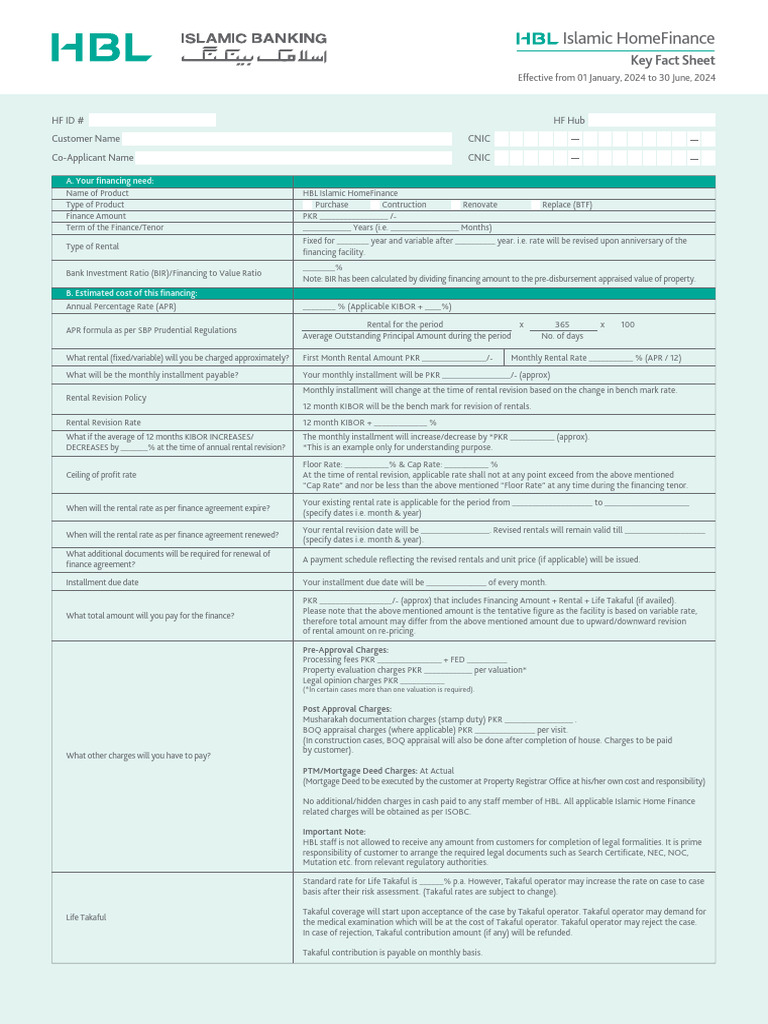 HBL Islamic HomeFinance KFS - Eng - Jan - To - Jun-24 | PDF | Real ...