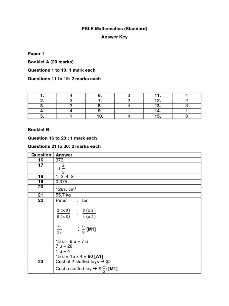 PSLE Standard Maths 2023 Answer Key | PDF