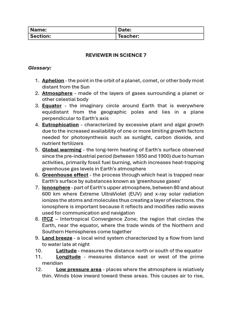 Long Test Reviewer in Science 7 | PDF | Atmosphere Of Earth | Earth