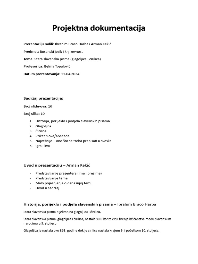 Projektna Dokumentacija: Sadržaj Prezentacije | PDF