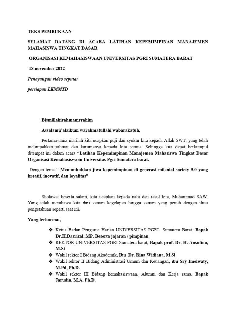 Teks Pembukaan Mc Lkmmtd Pdf