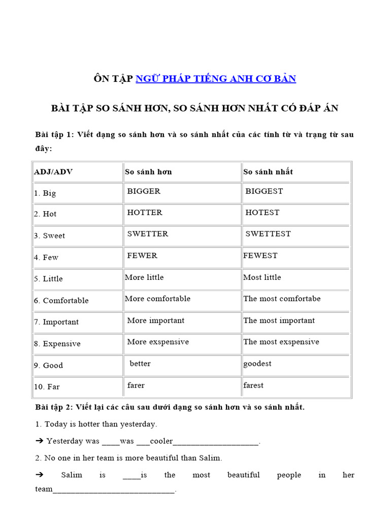 Tong Hop Bai Tap So Sanh Hon Va So Sanh Nhat Co Dap An | PDF | Language Arts & Discipline ...