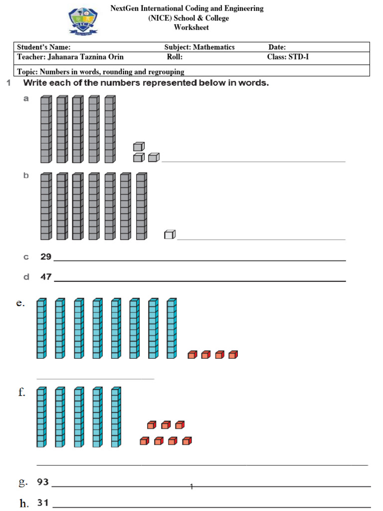 Mathematics Worksheet for STD-I Students | PDF | Mathematics