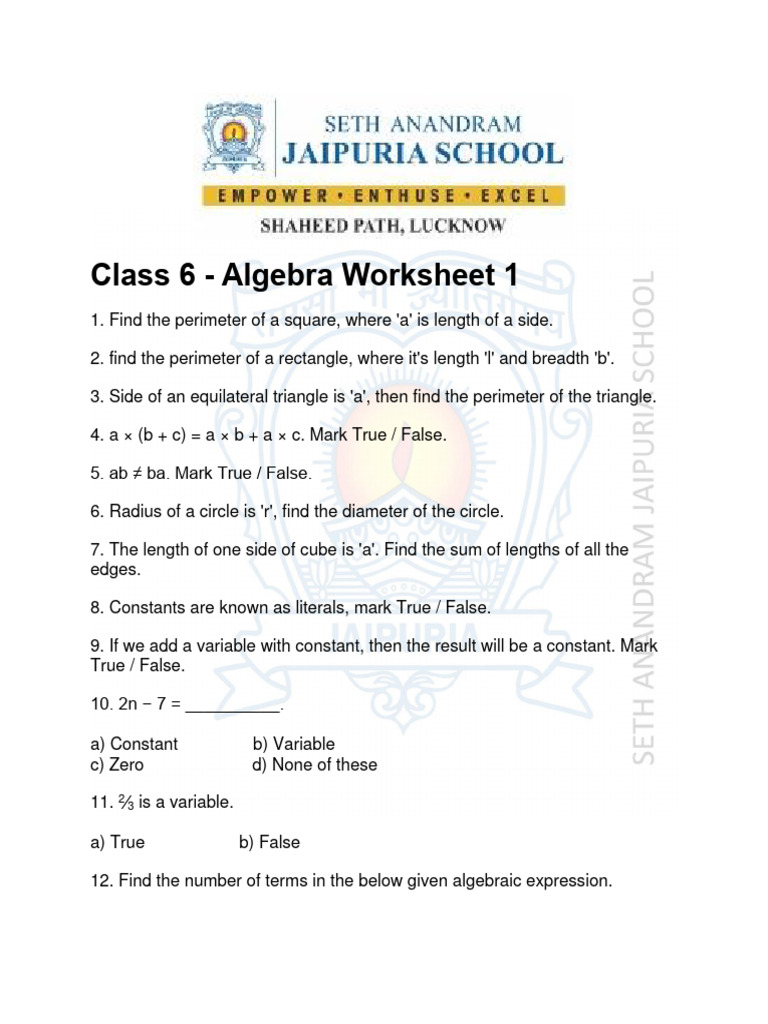 Class 6 Algebra | PDF