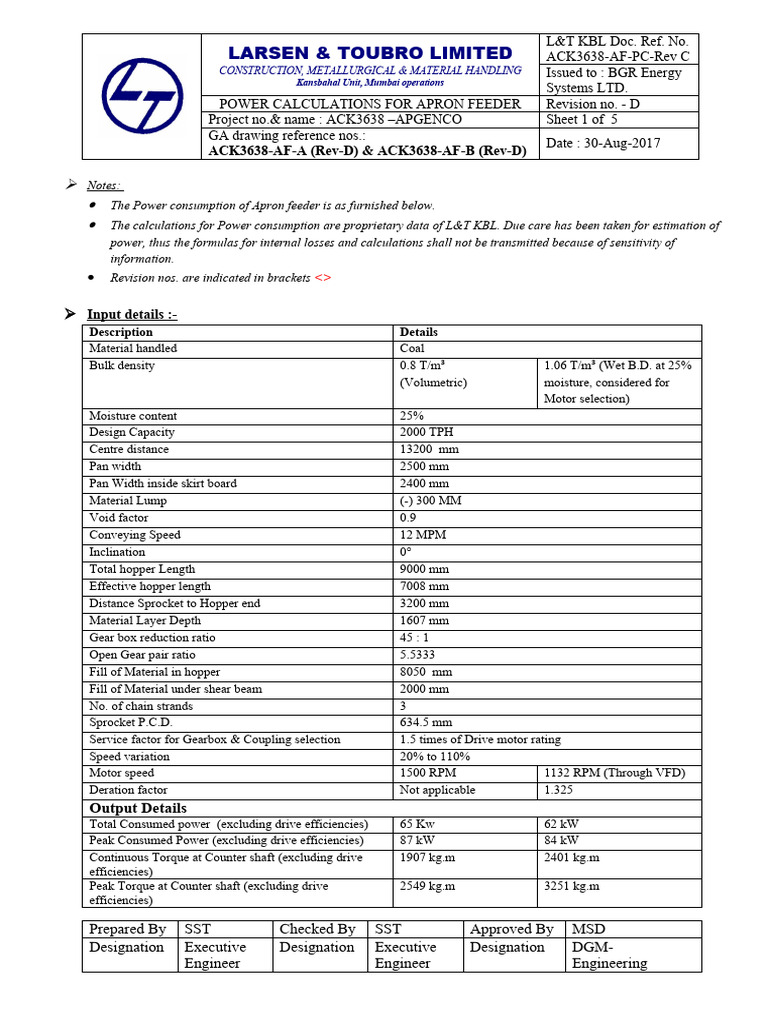 APRON FEEDER POWER CALCULATION | PDF | Gear | Electric Motor