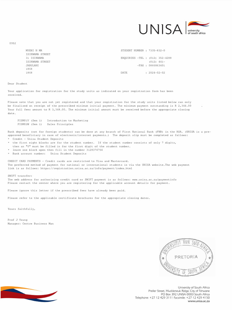 Unisa Registration | PDF | Finance & Money Management