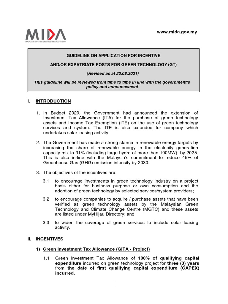 Guideline Green Technology Incentive As at 02122021 | PDF | Renewable ...