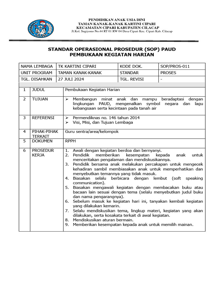 11 Sop Paud Pembukaan Kegiatan Harian | PDF | Karier & Perkembangan | Kesehatan Holistik