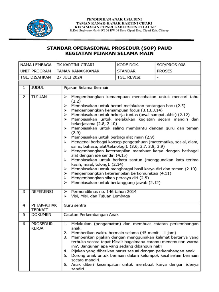 8 Sop Paud Kegiatan Pijakan Selama Main | PDF