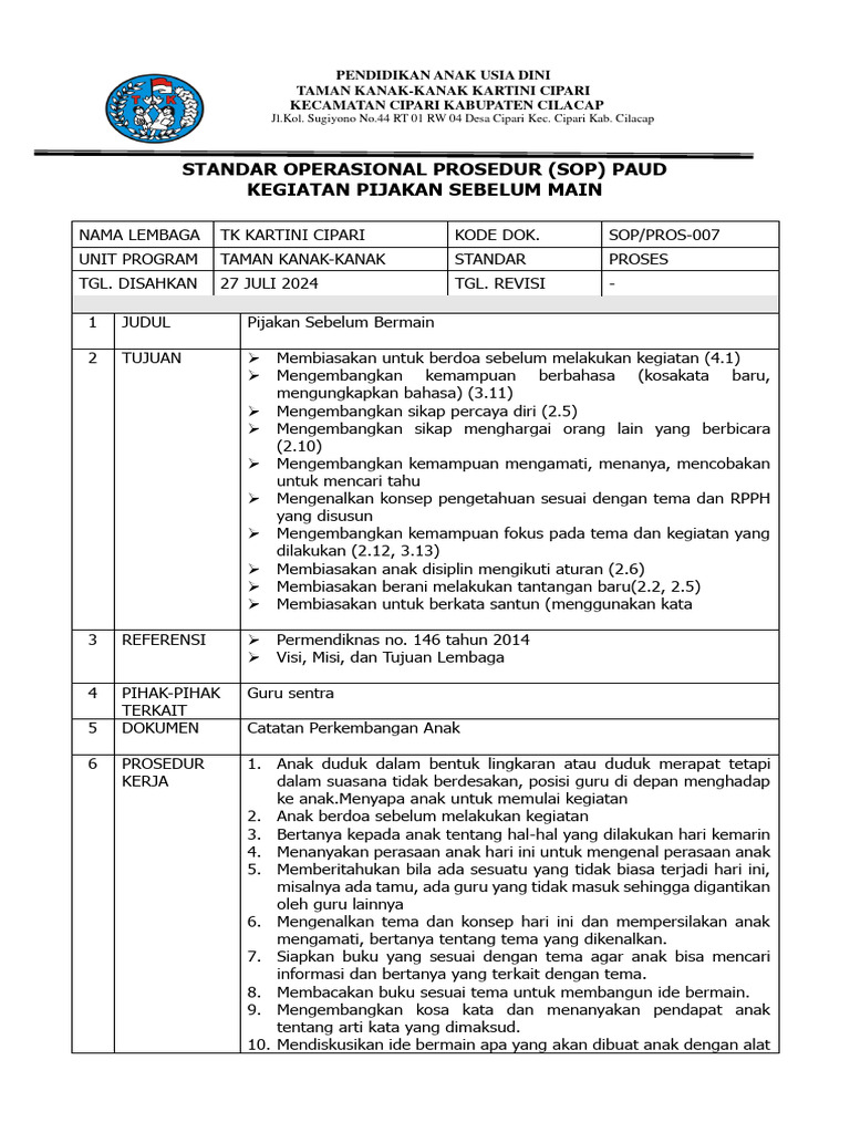 7 Sop Paud Kegiatan Pijakan Sebelum Main | PDF | Karier & Perkembangan