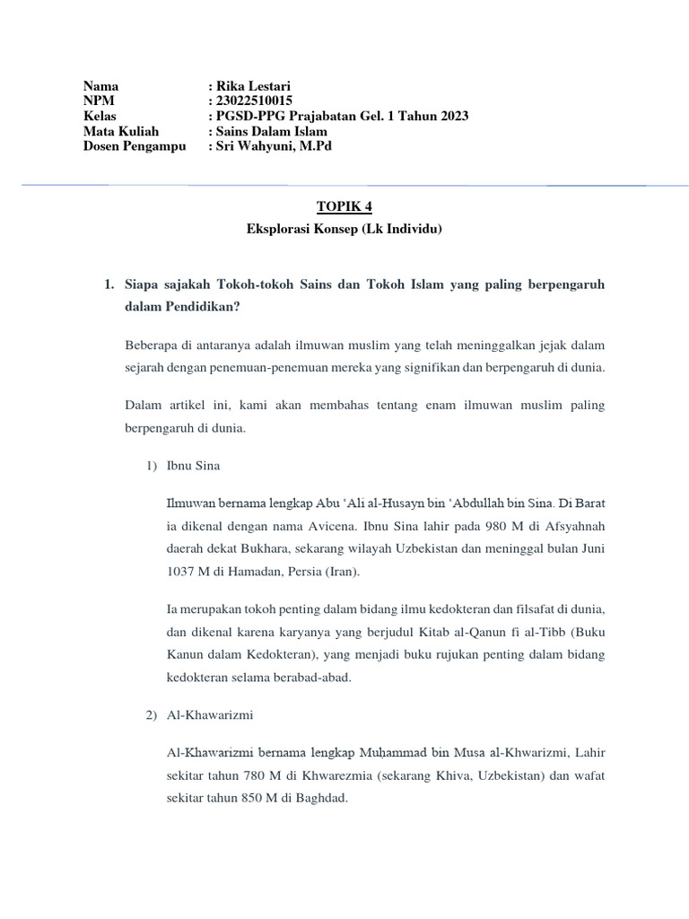Eksplorasi - Konsep - Individu - T.4 - Sains Dalam Islam - Rika Lestari | PDF