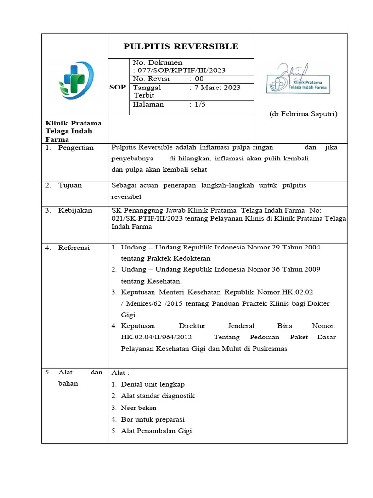 Sop Pulpitis Reversible | PDF