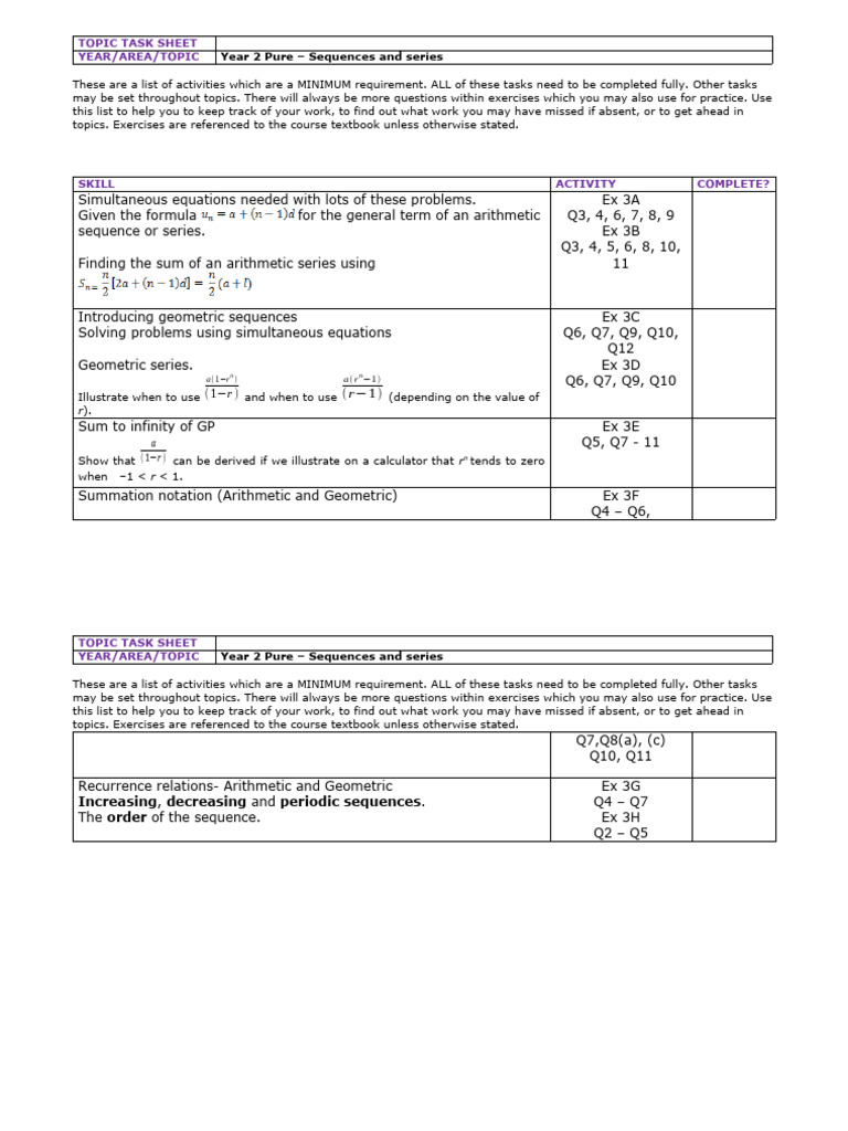 TOPIC TASK SHEET - Sequences and Series | PDF | Mathematical Concepts | Mathematics