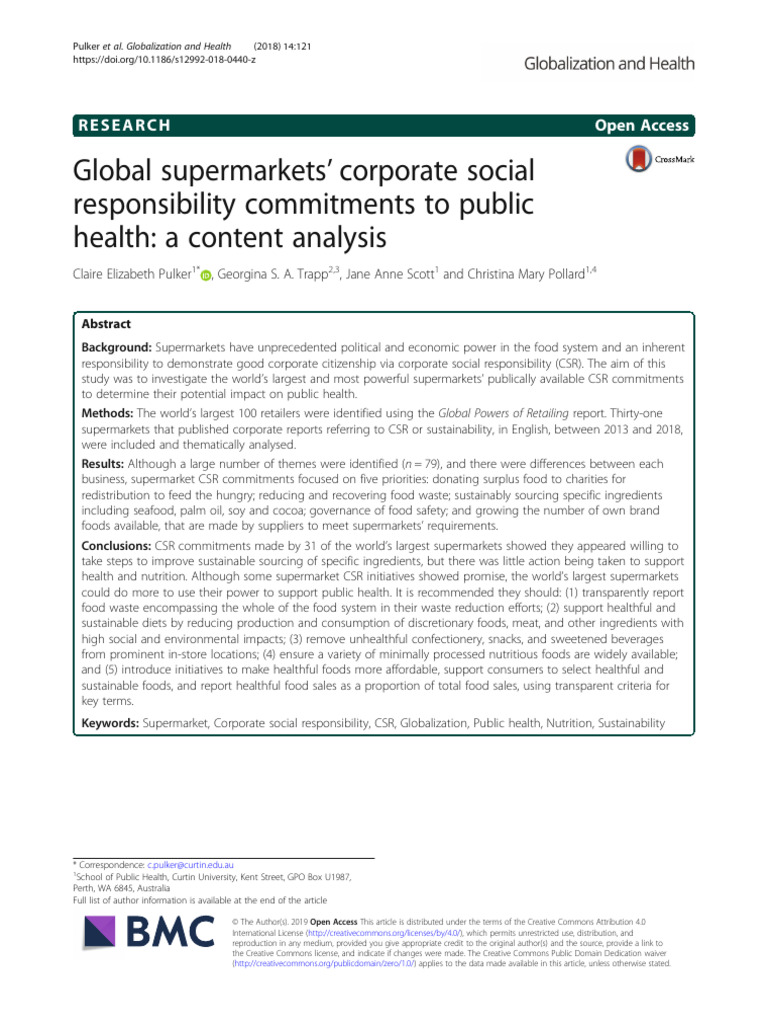 Global Supermarkets' Corporate Social Responsibility Commitments To Public Health: A Content ...