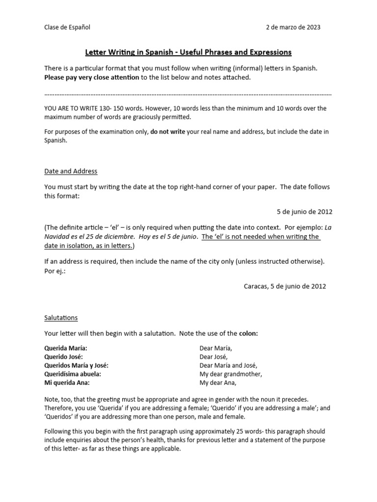 Letter Writing in Spanish Useful Phrases and Expressions | Download ...