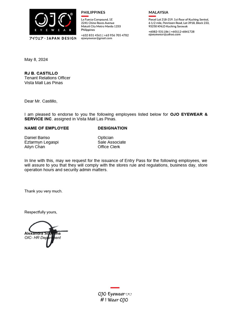 Endorsement Letter for Mall Entry Pass | PDF