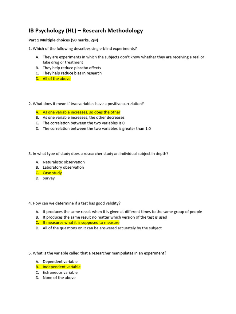 IB Psychology - Research Methodology - Ans | PDF | Experiment ...