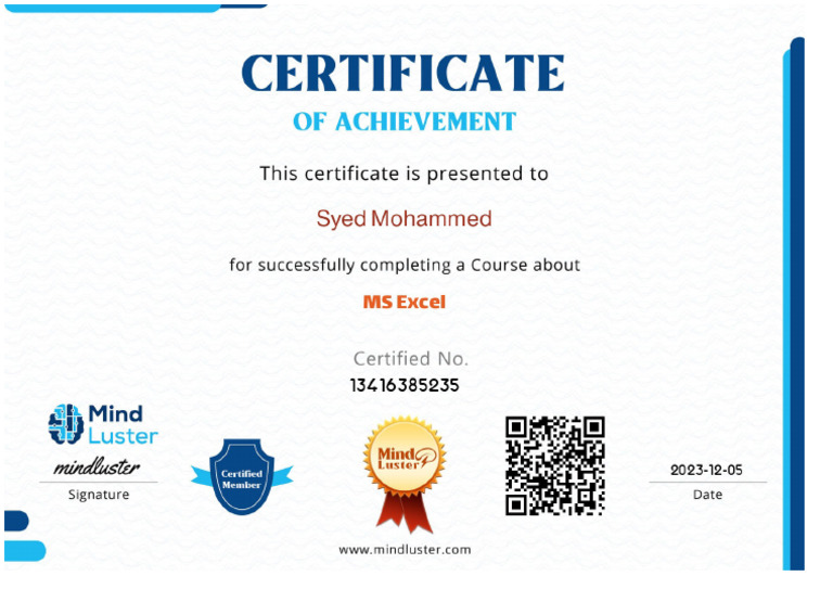 Mindluster - Certificate Excel Completion Course Certificate For Syed Mohammed | PDF