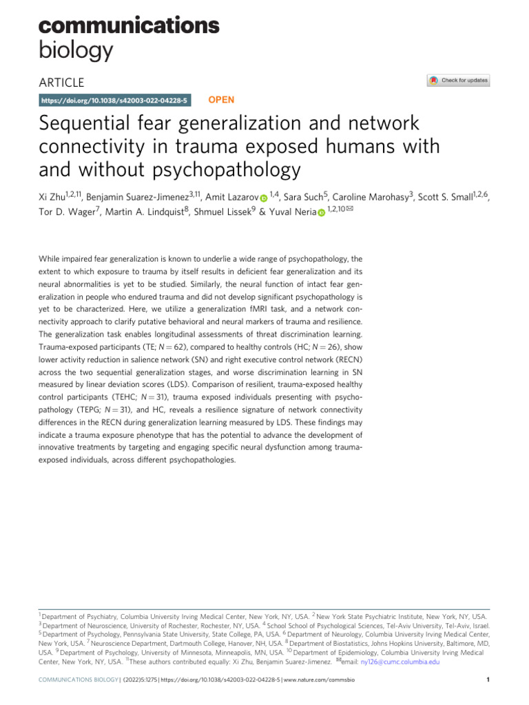 Sequential Fear Generalization and Network Connectivity in Trauma ...
