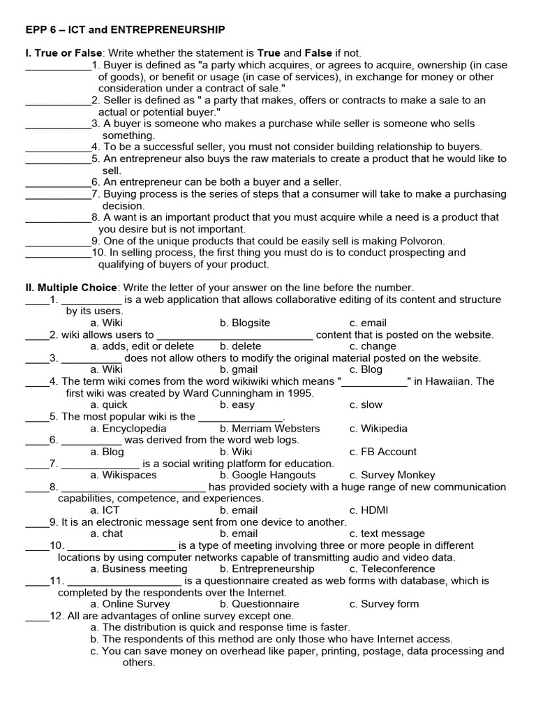 TLE ENTREP 1ST EXAM | PDF | Sales | Videotelephony