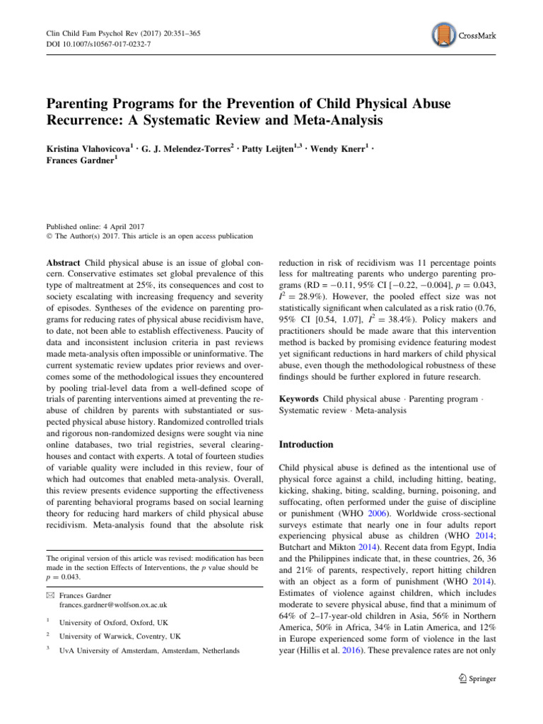 Parenting Programs For The Prevention of Child Physical Abuse ...