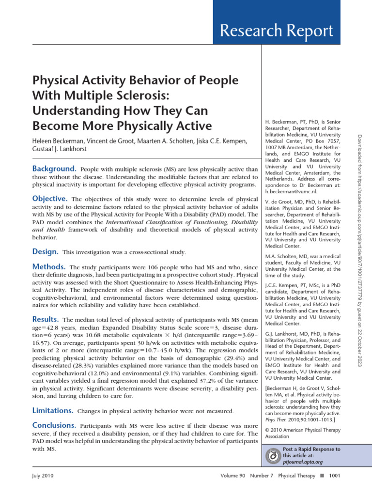 Physical Activity Behavior of People | PDF | Multiple Sclerosis | Self Efficacy