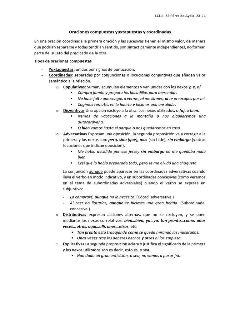 Tipos de Oraciones Compuestas: Yuxtapuestas y Coordinadas | PDF ...