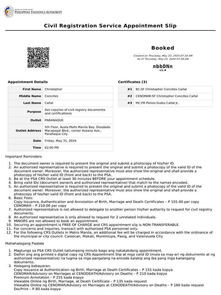 Civil Registration Service Appointment Slip | PDF