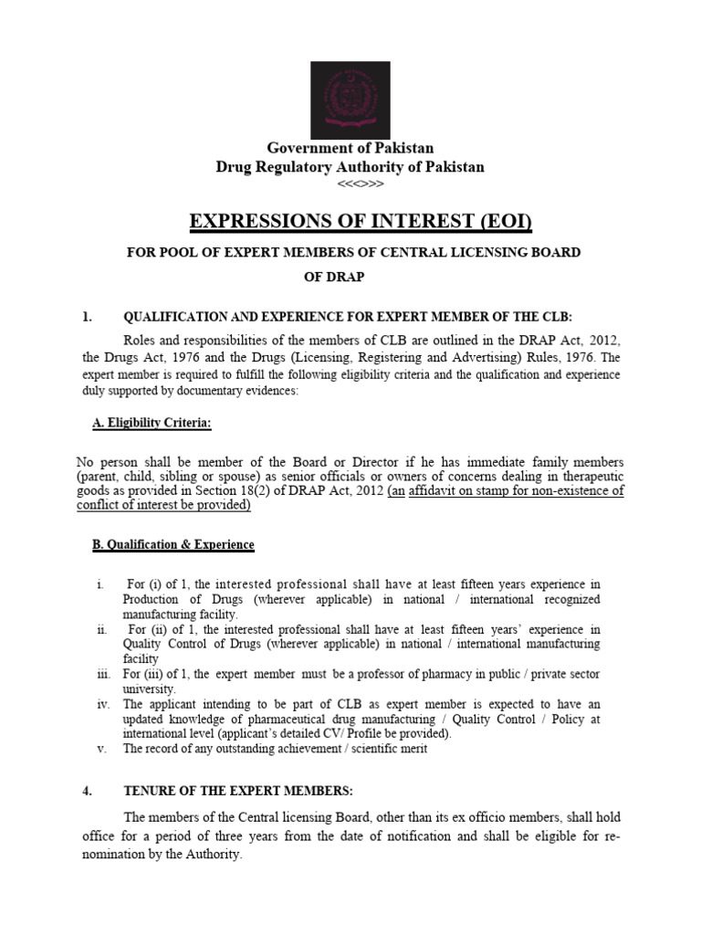 EOI for Expert Members of CLB - DRAP | PDF | Law