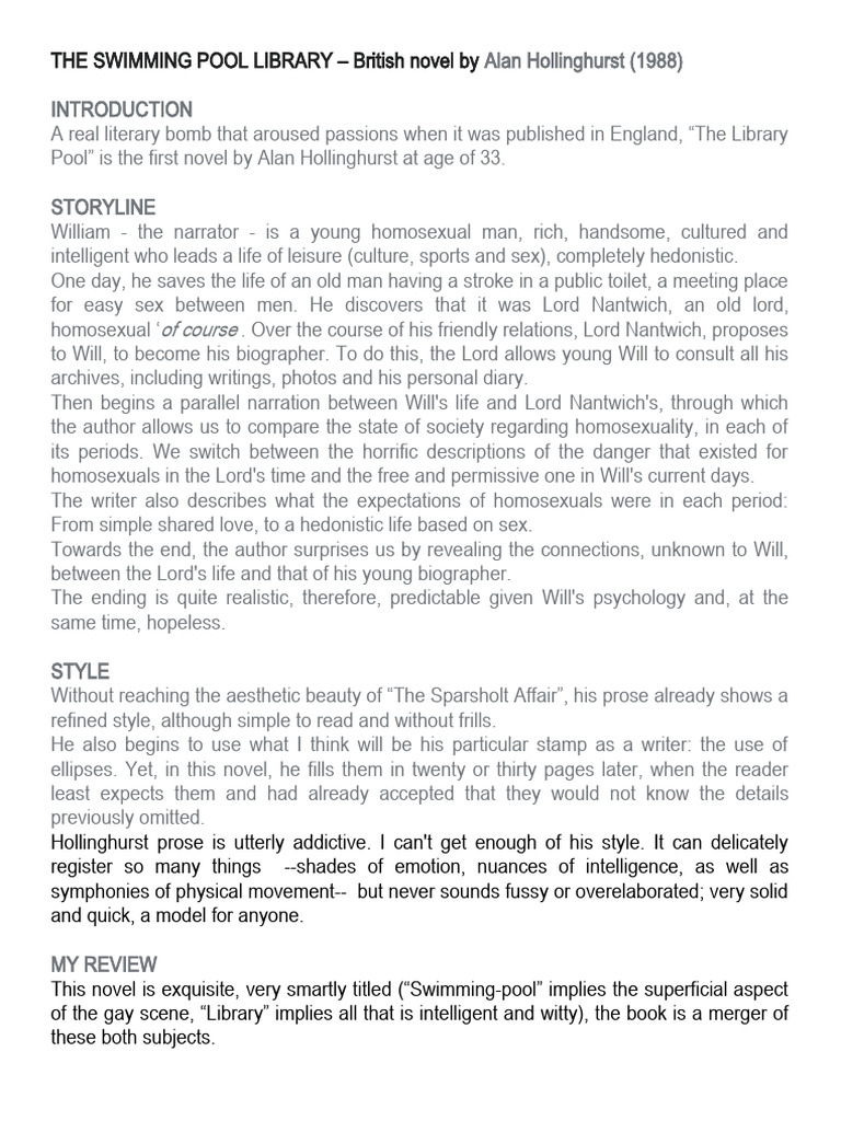 THE SWIMMING POOL LIBRARY Novel by Alan Hollinghurst | PDF