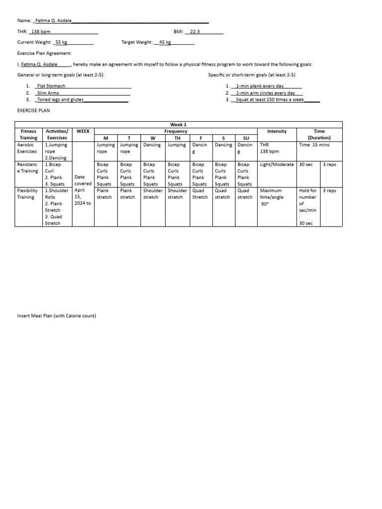 PE EXC PLAN | PDF | Physical Fitness | Human Body Weight