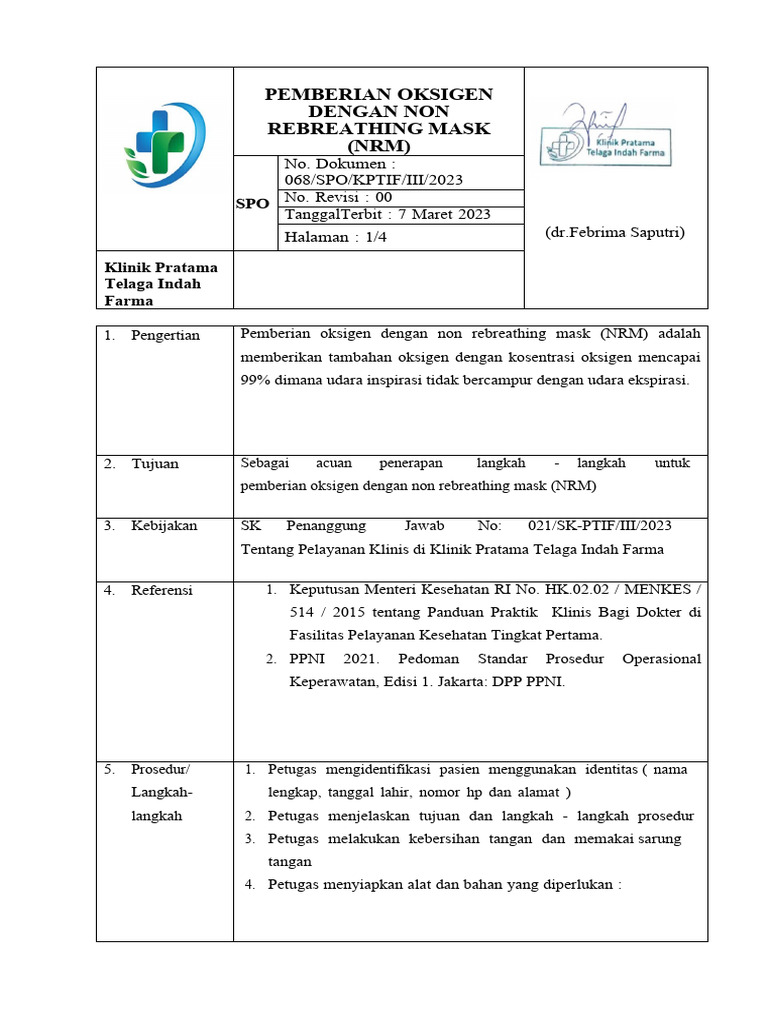 Pemberian Oksigen NRM: Prosedur | PDF | Kesehatan Holistik | Sains ...