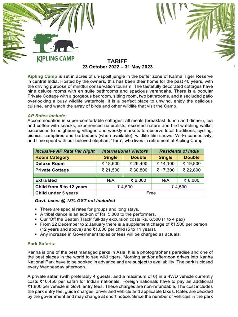 Kipling Camp TARIFF - Oct2022-May2023 | PDF | Fee | Payments