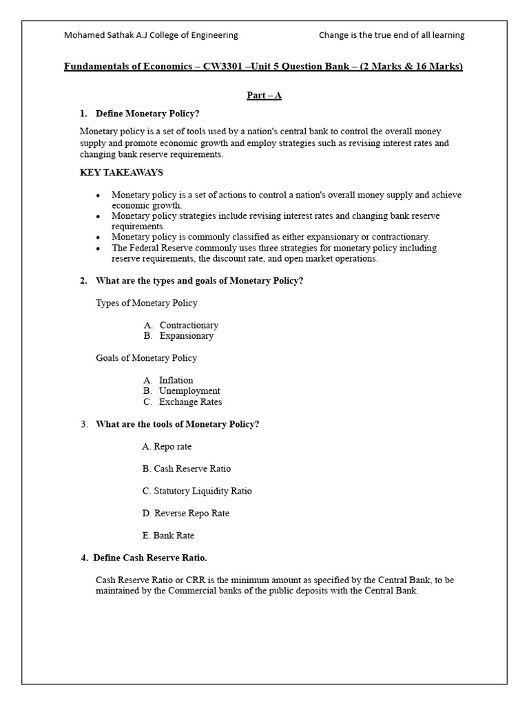 Economics Unit 5: Monetary Policy Overview | PDF | Cost Of Living | Reserve Bank Of India
