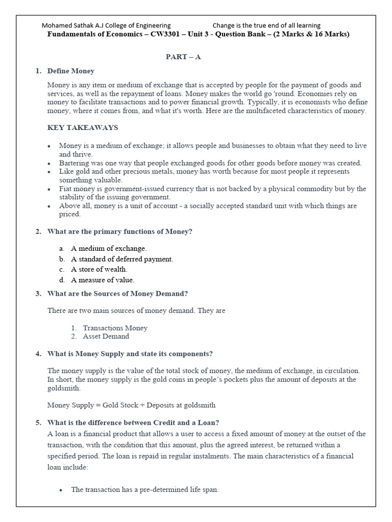Economics Question Bank: Unit 3 | PDF | Cost Of Living | Money