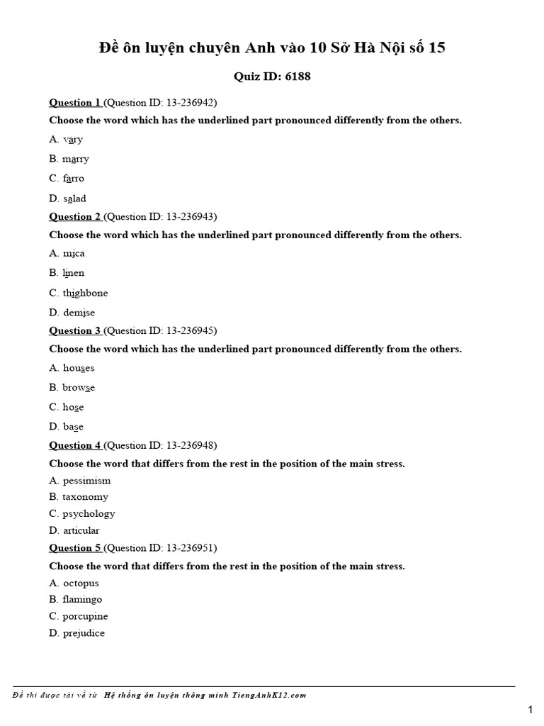 Quiz - 6188 - de On Luyen Chuyen Anh Vao 10 So Ha Noi So 15 | PDF | Schizophrenia | Income