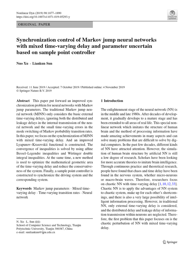 Synchronization Control of Markov Jump Neural Networks | PDF | Markov Chain | Chaos Theory