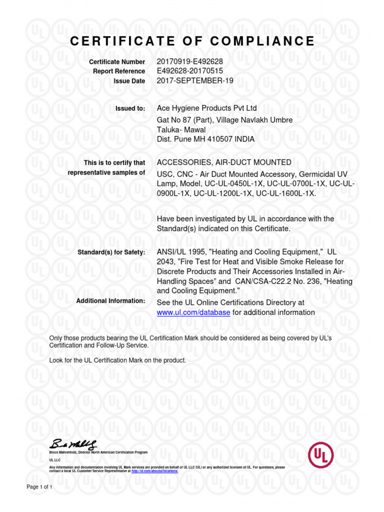 Alfaa UV UL Certificate of Compliance UL-1995 and UL-2043 | PDF | Safety