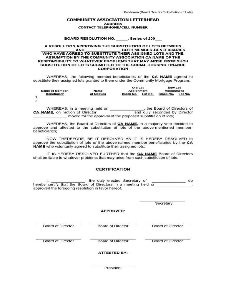 Board Resolution for Lot Substitution | PDF | Board Of Directors ...