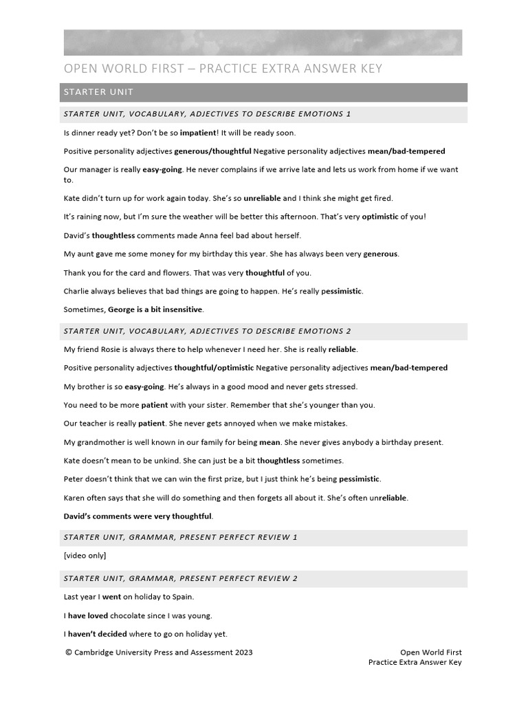 Open World First Practice Extra Answer Key | PDF | Paintings