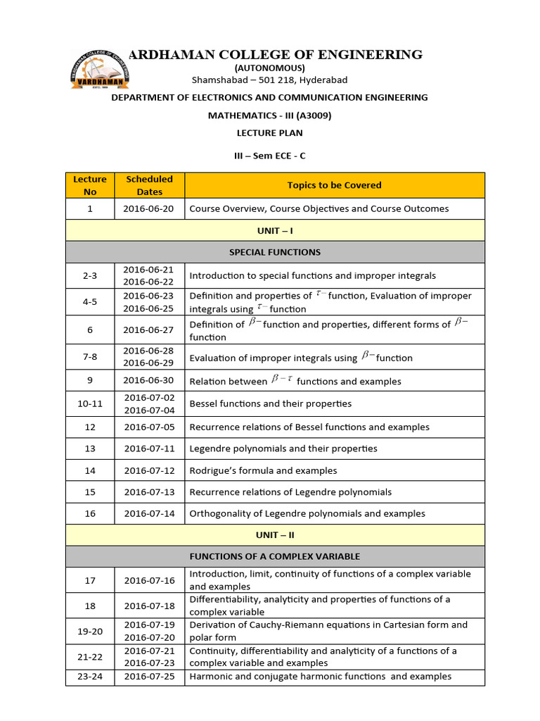 ECE Mathematics III Lecture Plan | PDF | Function (Mathematics) | Power ...