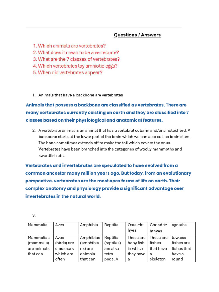 Question Ans On Animal Classification | PDF | Vertebrates | Reptile