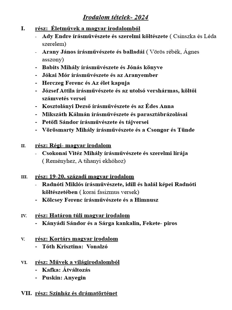 Irodalom Szóbeli Tételek 2024 | PDF