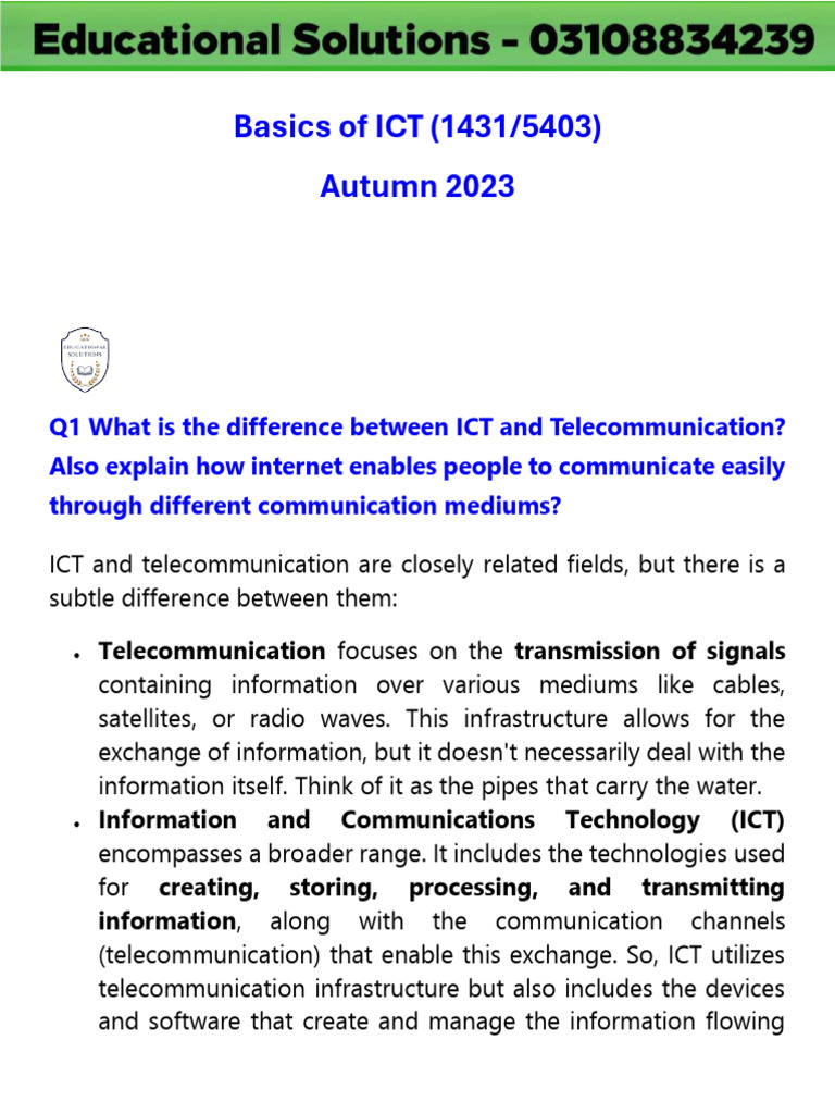 Basics of ICT (1431 5403) AUT23 | PDF | Osi Model | Computer Network