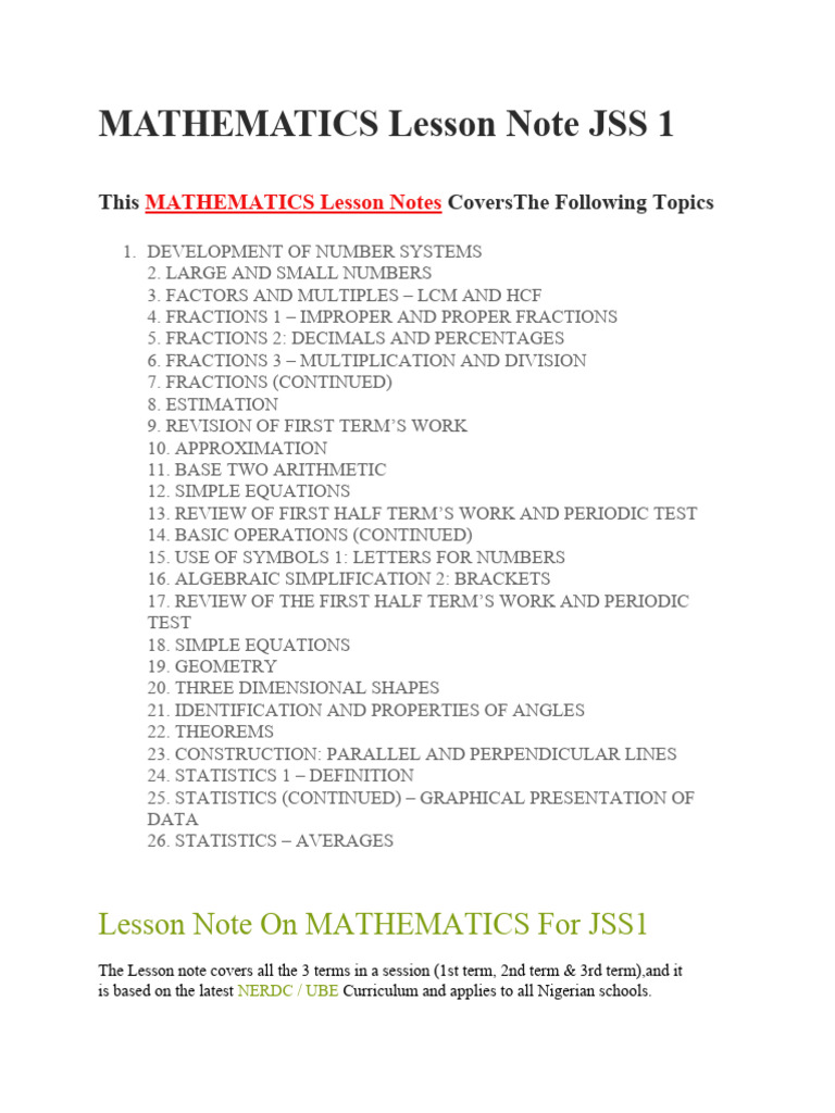 MATHEMATICS Lesson Note JSS 1 | PDF | Numbers | Mathematics