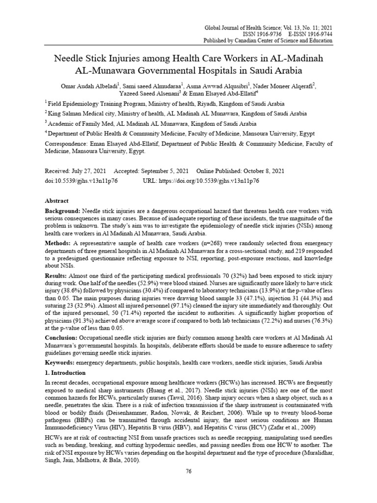 1 Needle Stick Injuries Among Health Care Workers in AL-Madinah | PDF ...