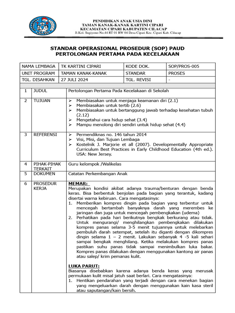 5 Sop Paud Pertolongan Pertama Pada Kecelakaan | PDF | Pengembangan Diri | Kesehatan Holistik