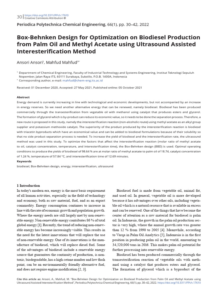 Box-Behnken Design For Optimization On Biodiesel Production From Palm Oil and Methyl Acetate ...